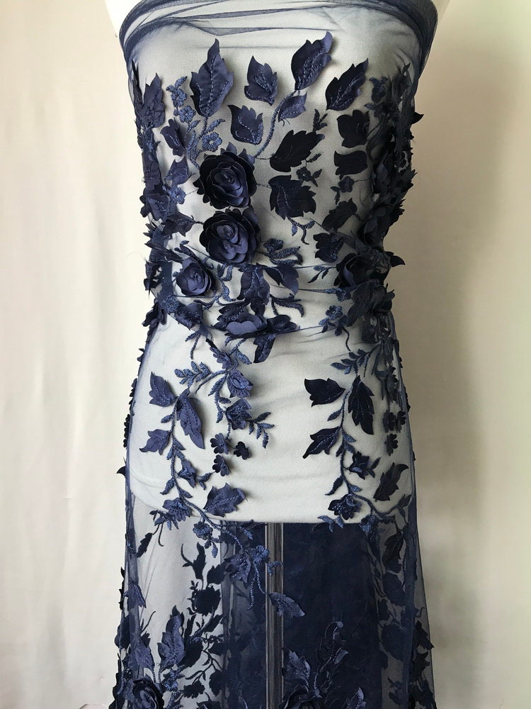 3D Rose Flower Fabric, Navy Blue Lace Fabric, Floral Leaf Lace Fabric ...