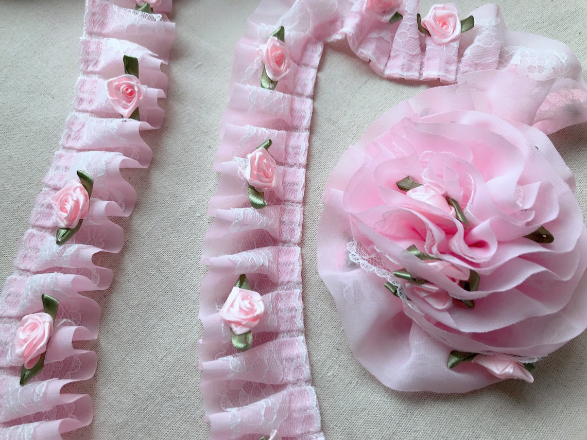 Pink Ruffle Lace Pleated Trim Lace Pink Rose Flower Lace for | Etsy
