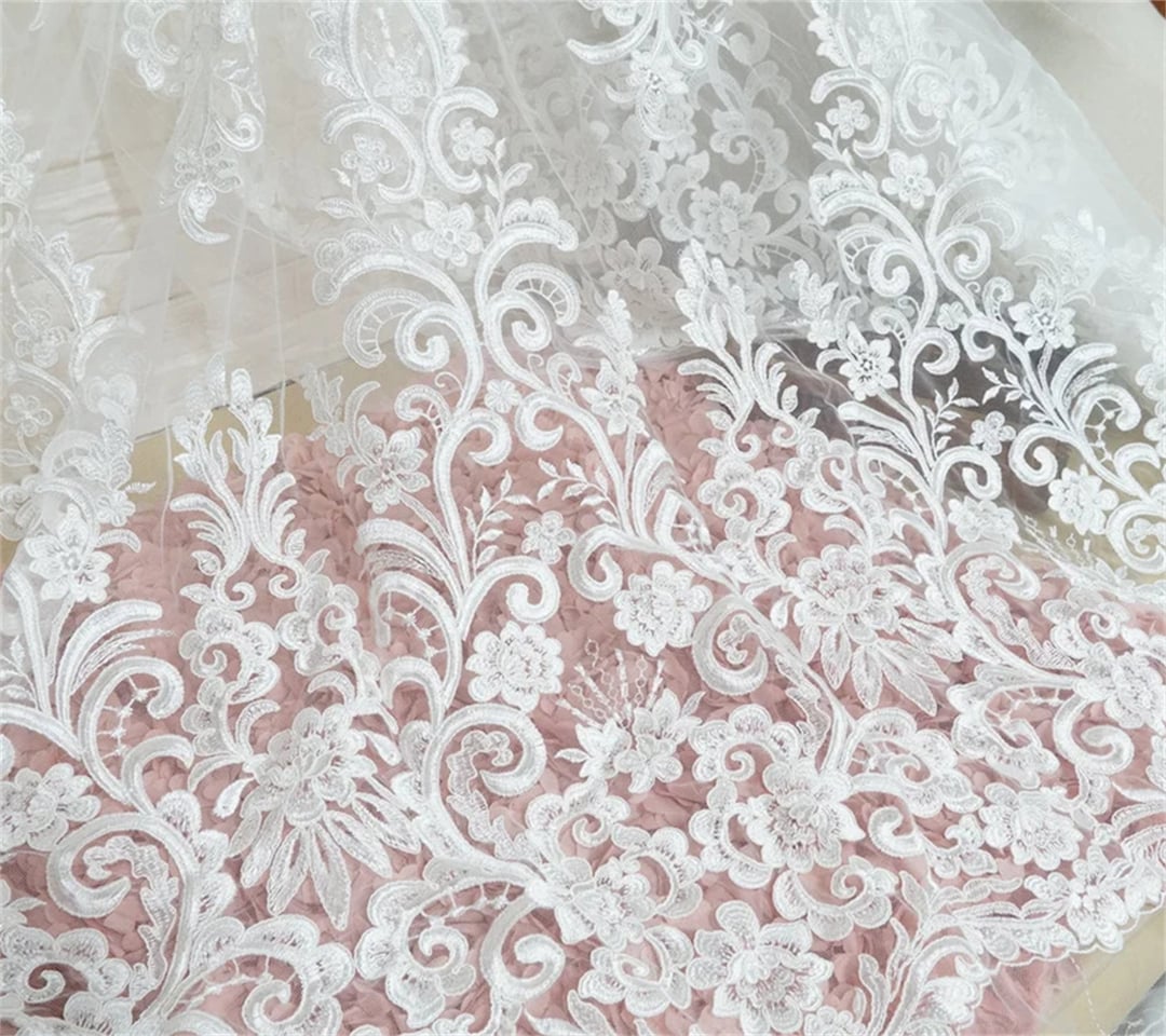 Alencon Wedding Lace Fabric, Ivory Floral Embroidery Scalloped Mesh ...