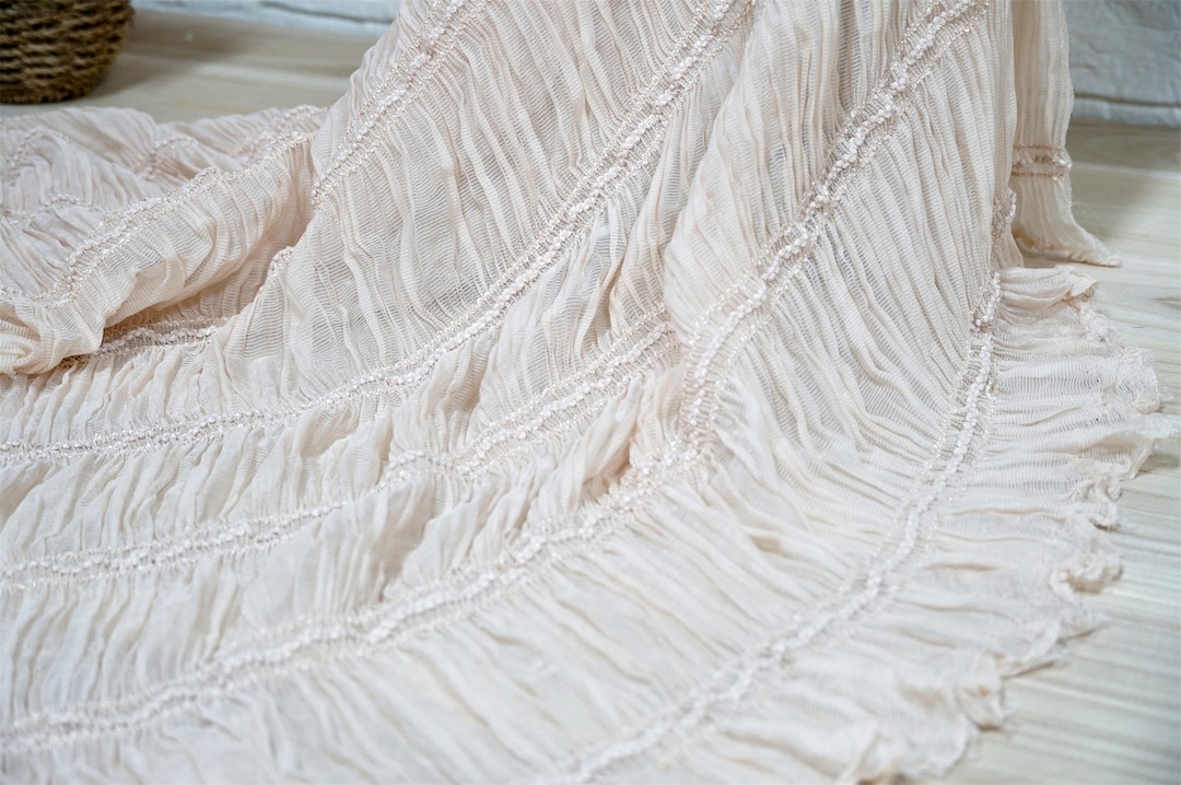 Soft Ruched Fabric Cream Sequins Embroidered Elastic Chiffon Fabric for ...