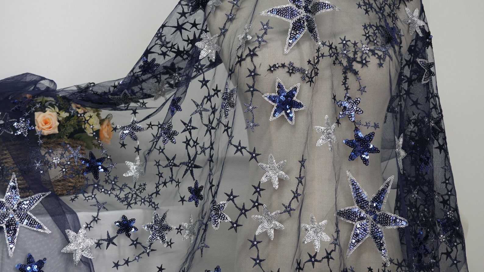 Navy Lace Sparkling Sequins Embroidery Navy Blue Star Lace Fabric for ...