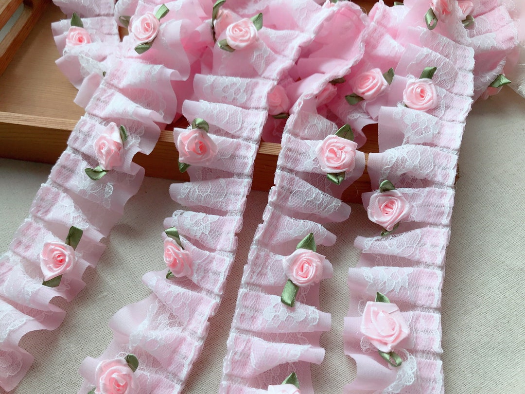 Pink Ruffle Lace, Pleated Trim Lace, Pink Rose Flower Lace for Doll ...