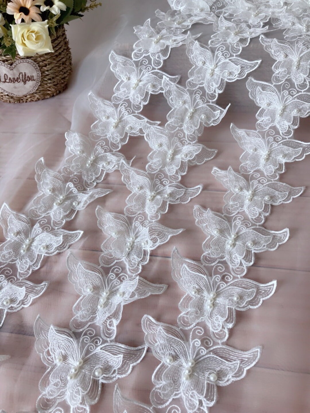 Organza Butterfly Applique Lace off White Butterfly Pearls Lace Trim ...