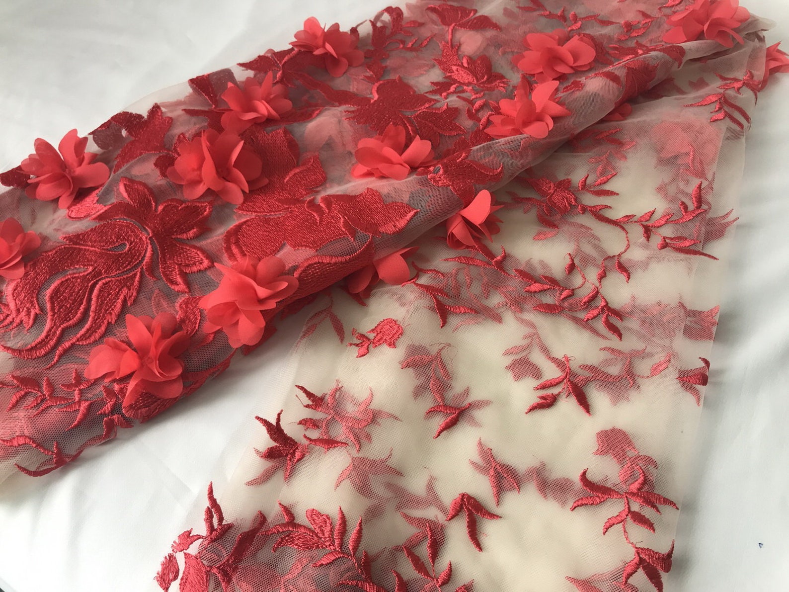 Red Embroidery Lace Fabric With Chiffon 3d Flower on Soft - Etsy