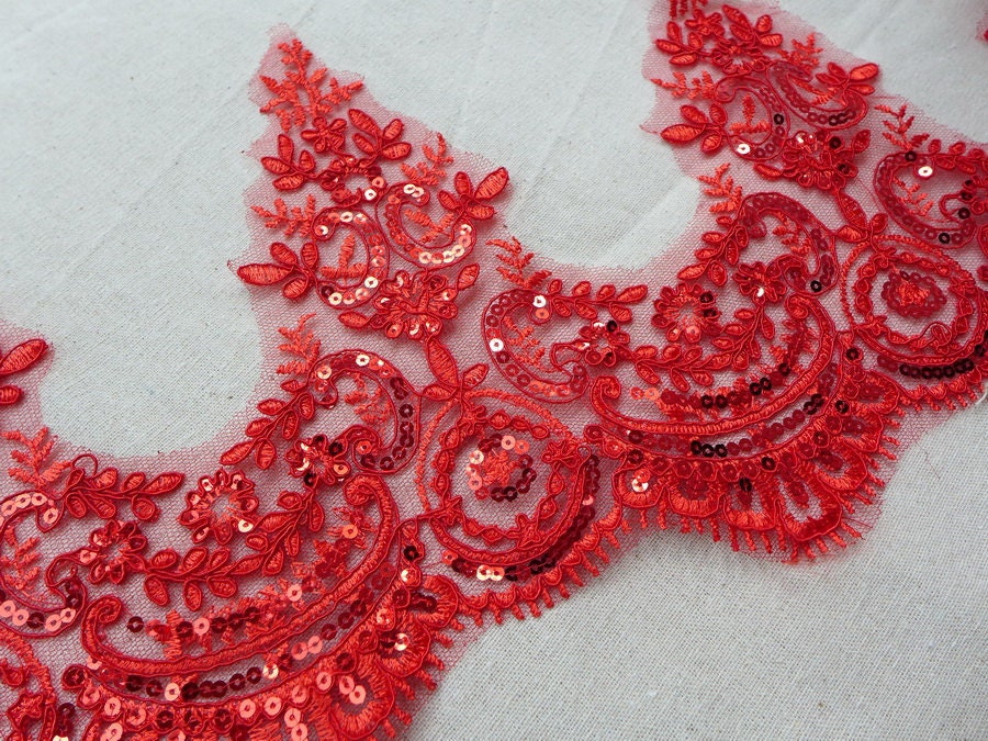 Red Lace Alencon Embroidery Sequins Lace Trim for Bridal | Etsy