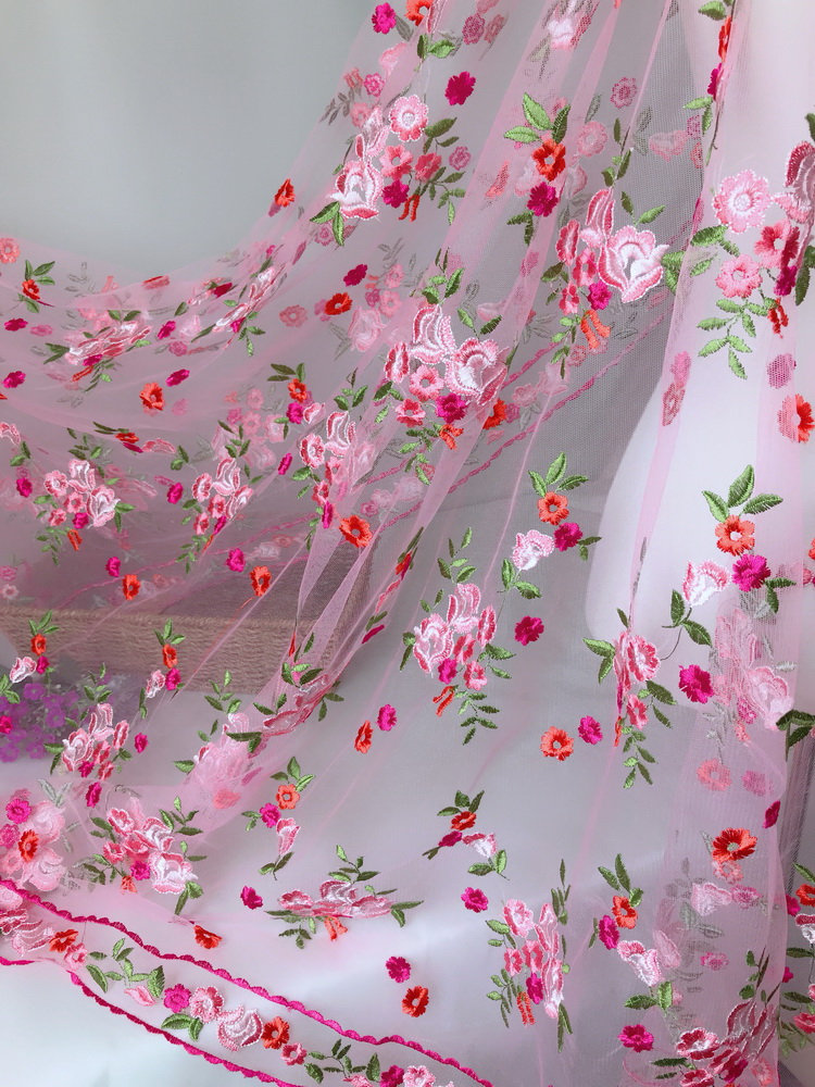 Beautiful Floral Fabric, Black Tulle Lace Fabric, Multi-color Flowers ...