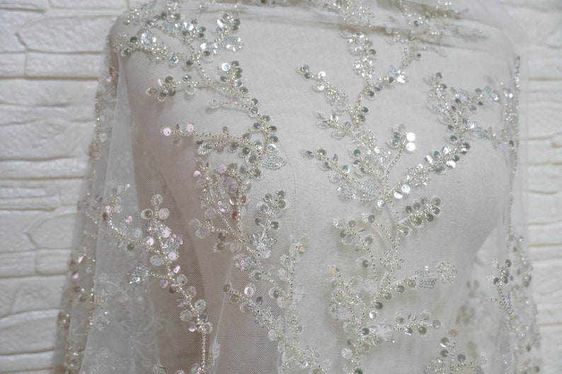 Luxury Bridal Beaded Lace Silver Beads and Sequins Lace Fabric - Etsy