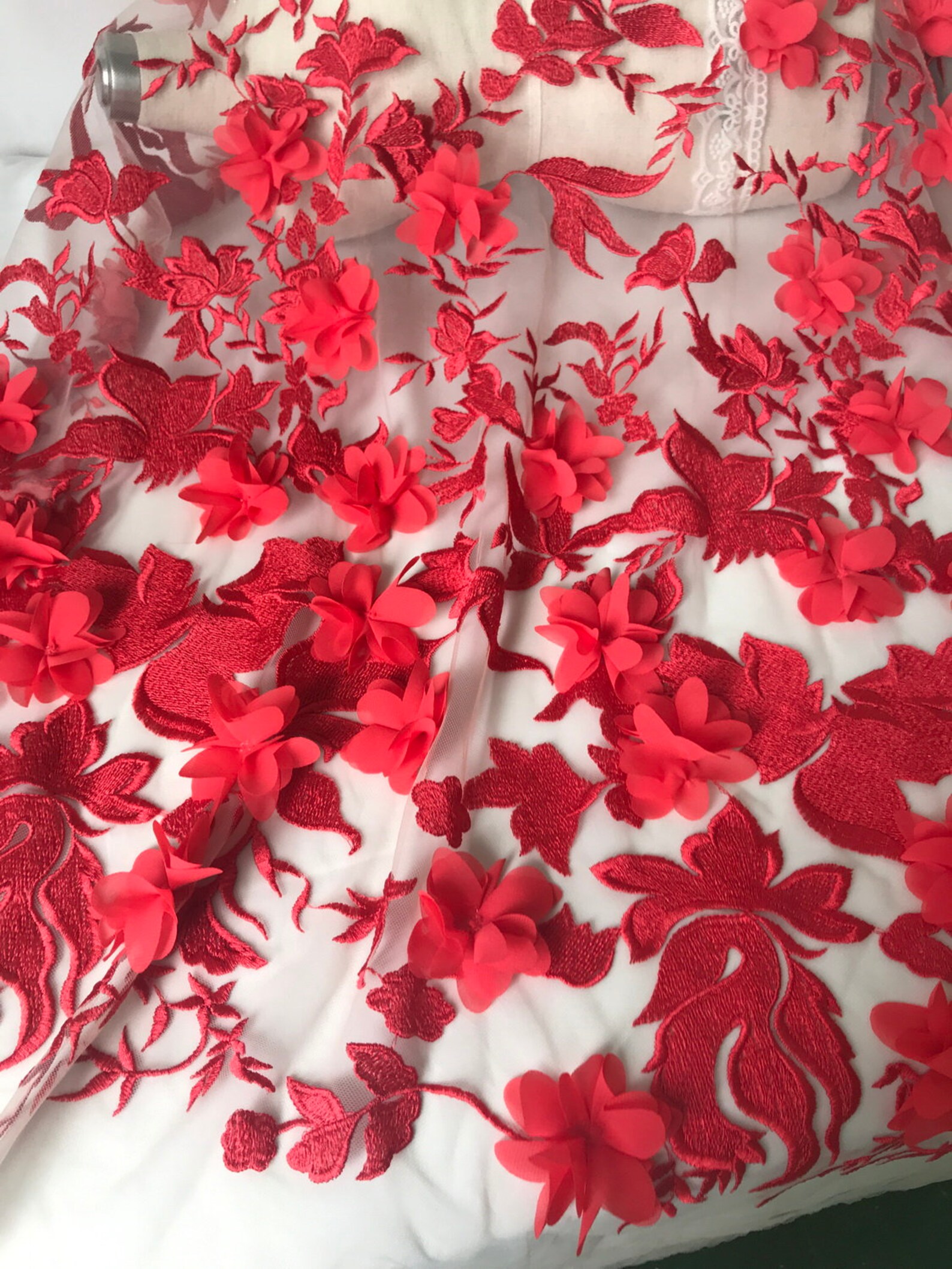 Red Embroidery Lace Fabric With Chiffon 3d Flower on Soft - Etsy