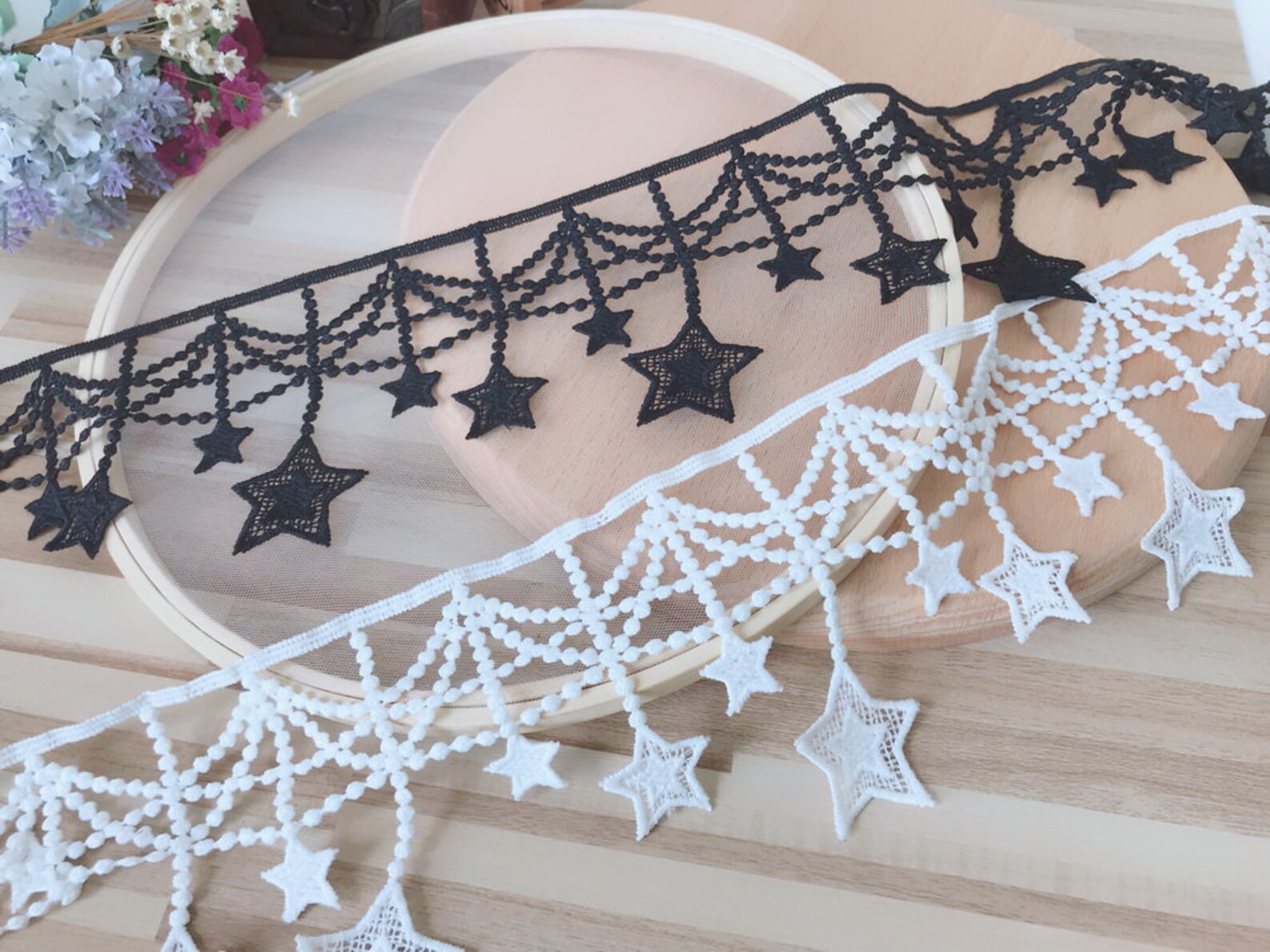 Delicate Star Lace Trim Black White Venice Lace Stars Fringe | Etsy