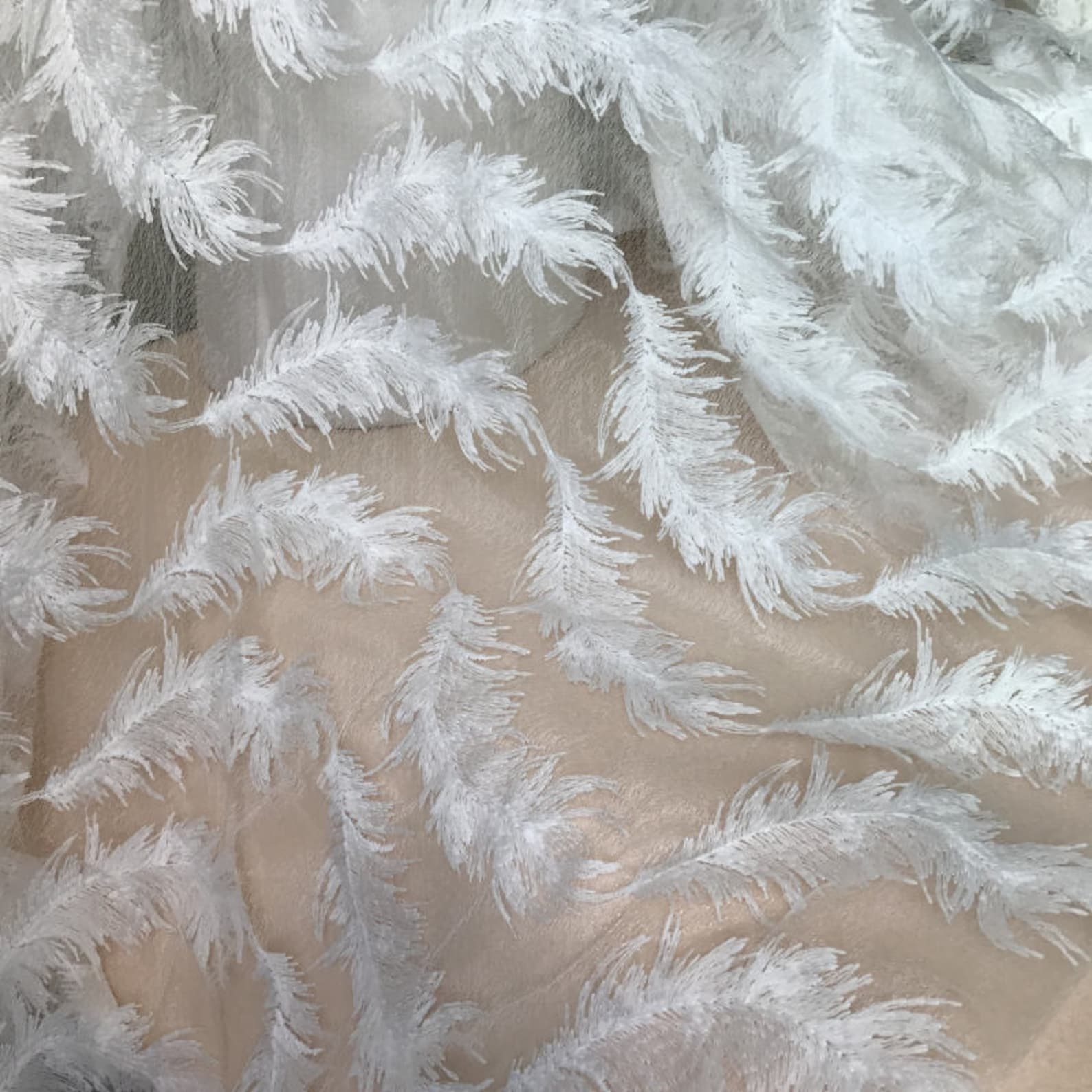Off White Feathers Lace Fabric, Transparent Mesh Fabric, Dresses Fabric ...