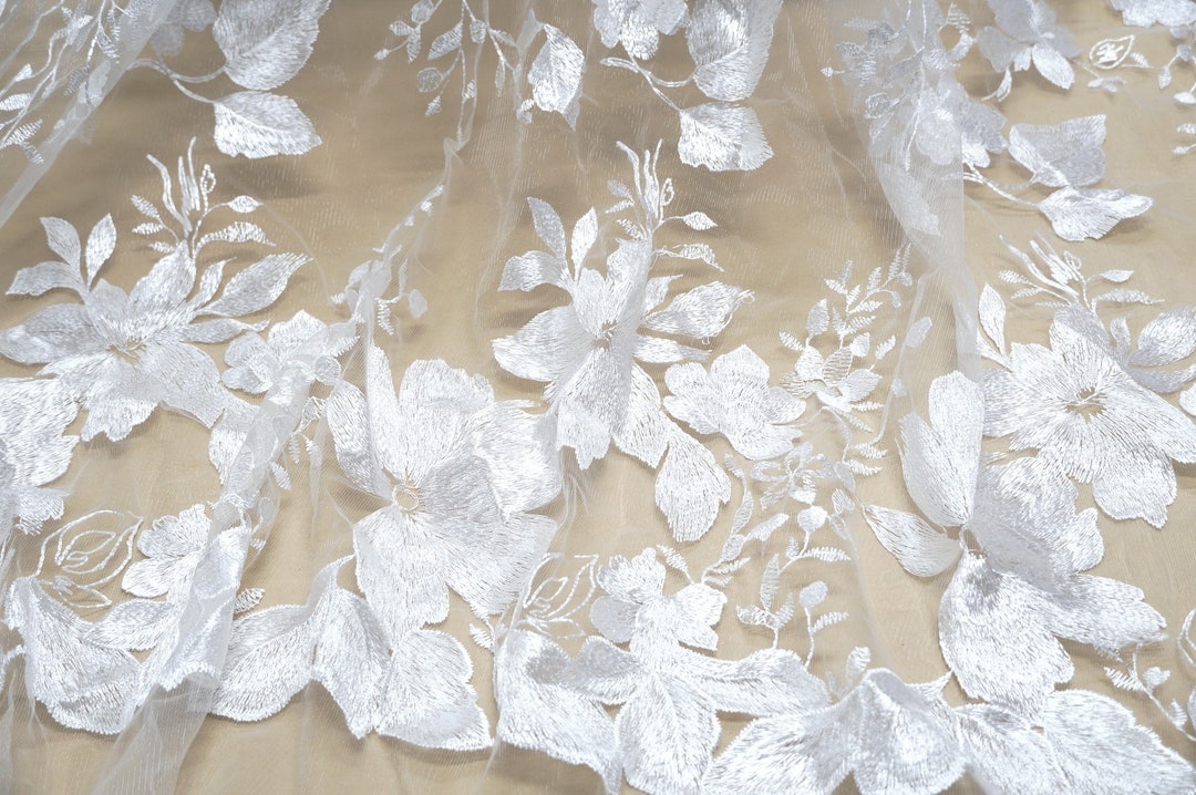 Off White Leaf Floral Embroidery Mesh Fabric Wedding Gown Bridesmaid ...