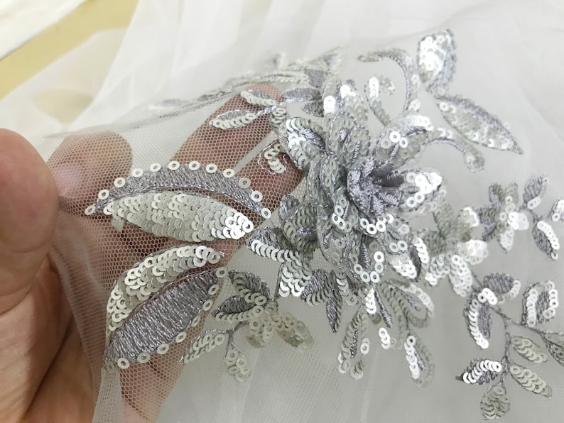 Wedding Lace Applique, Silver Gray Lace Applique With Silver Sequins ...