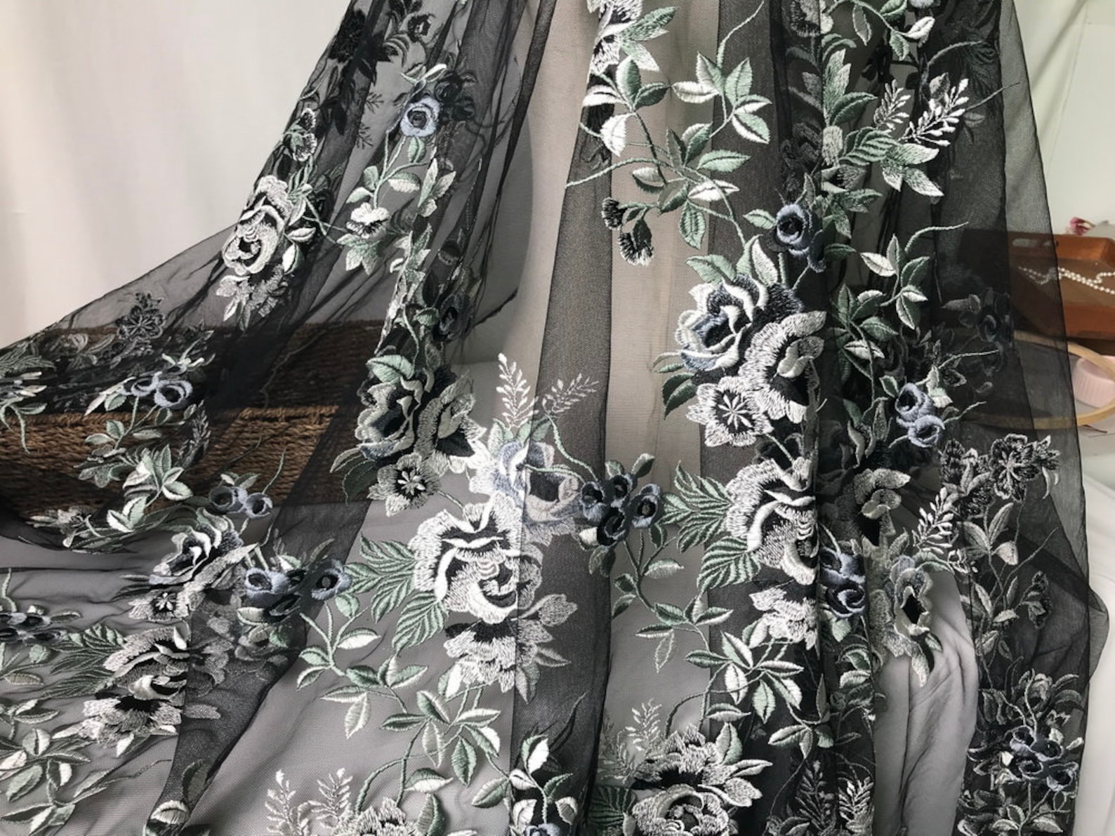 Multicolor Embroidered Rose Design Fabric, Navy Blue Mesh Fabric ...