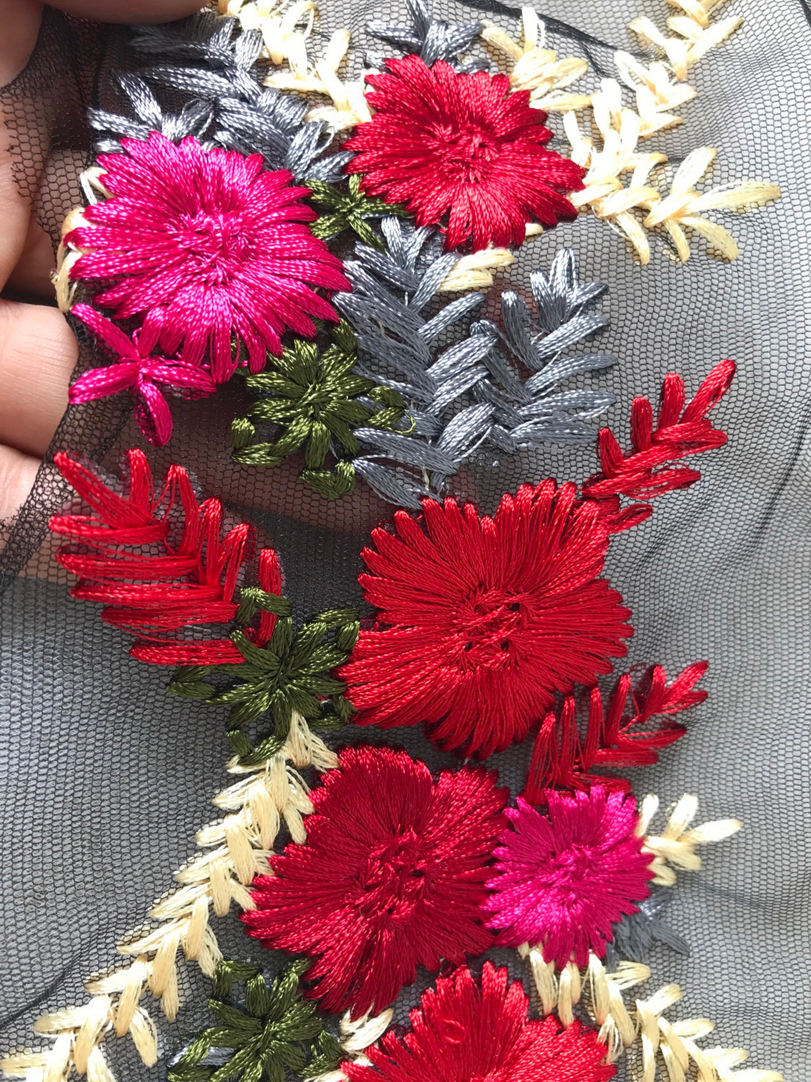 Colorful Flower Embroidered Applique Red Flower Trim Black - Etsy