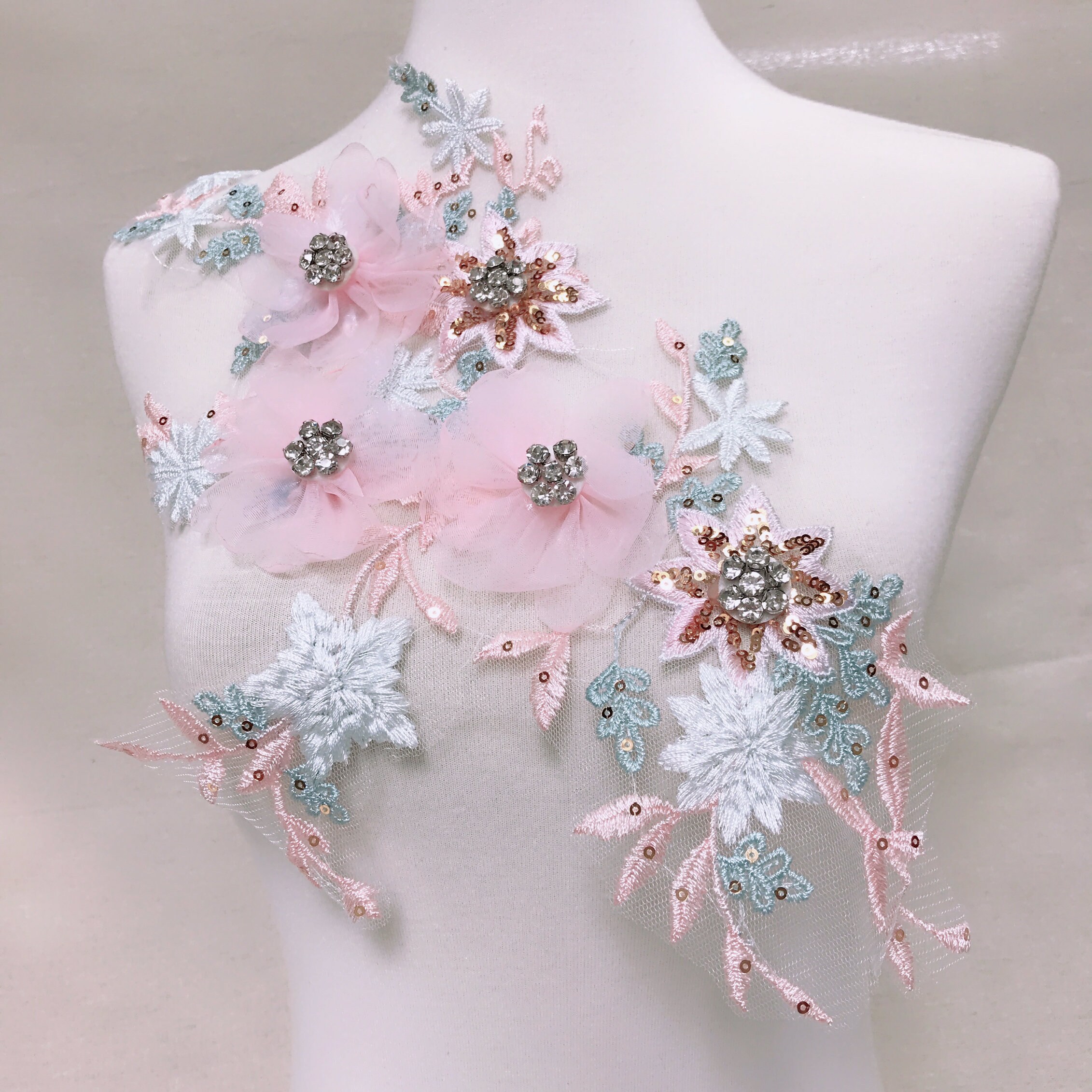 Aqua & Pink Lace Applique 3D Flowers Rhinestone Appliqué for | Etsy