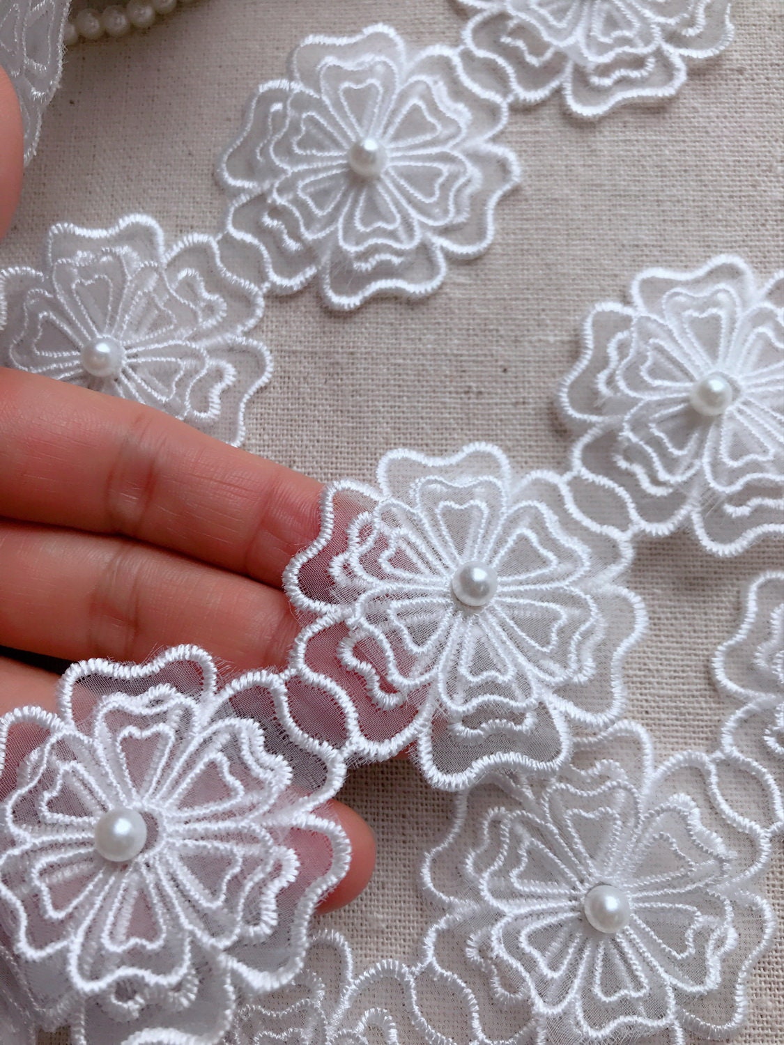 Organza Layers Flowers Applique Lace off White Flower Pearls Lace Trim ...