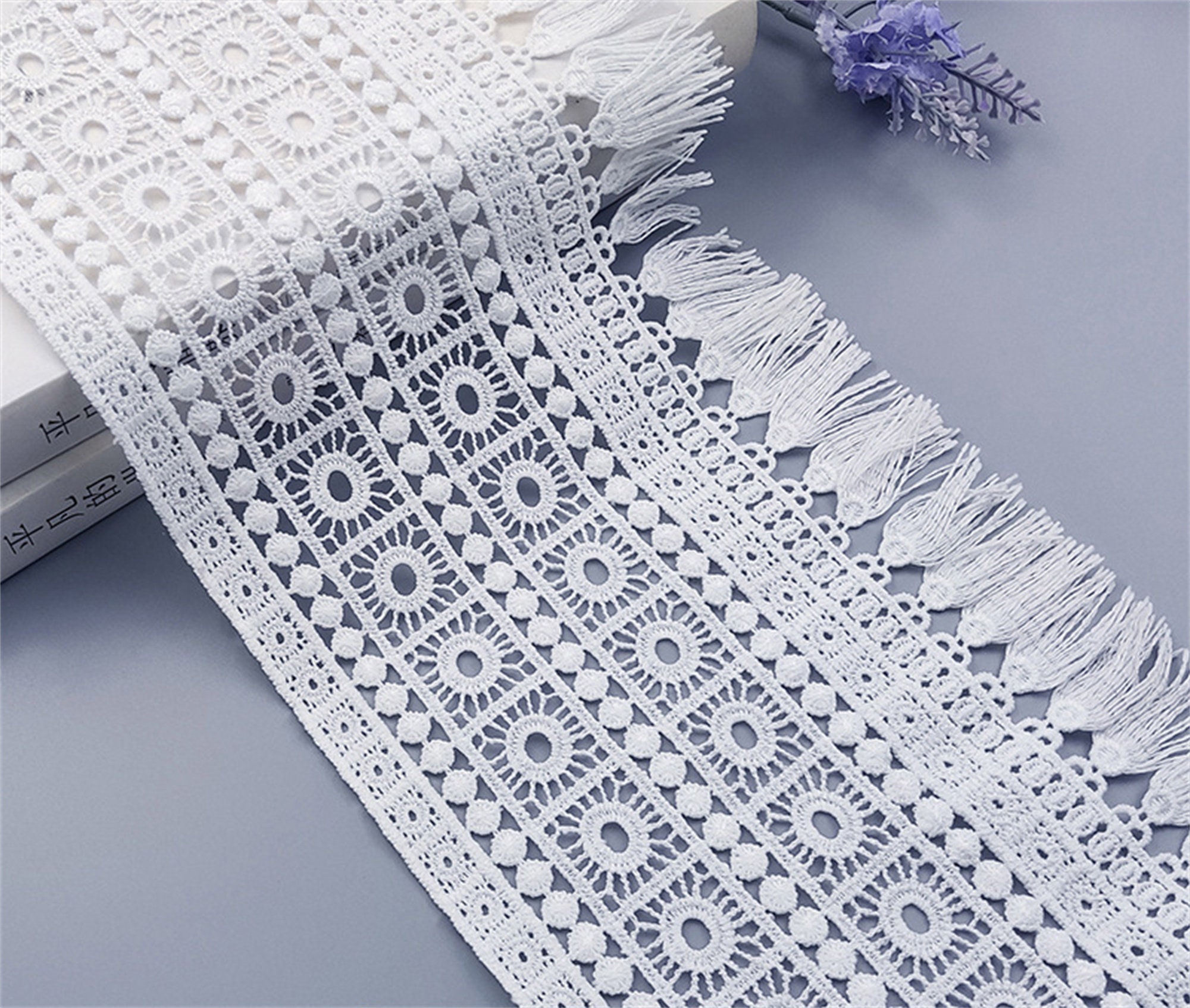 Chic Venice Circle Pattern Lace Fringe Tassels Trim in White for Dress ...