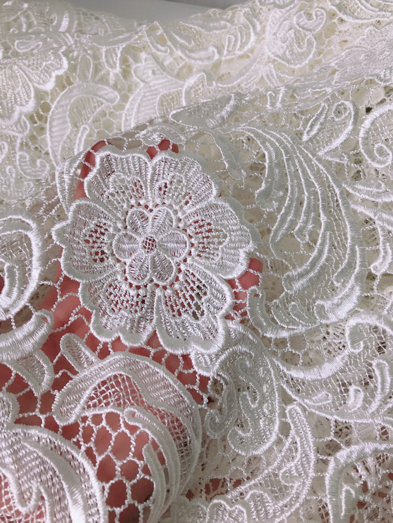 Ivory Lace Fabric, Venice Guipure Lace Fabric, Flower Motif Embroidered ...
