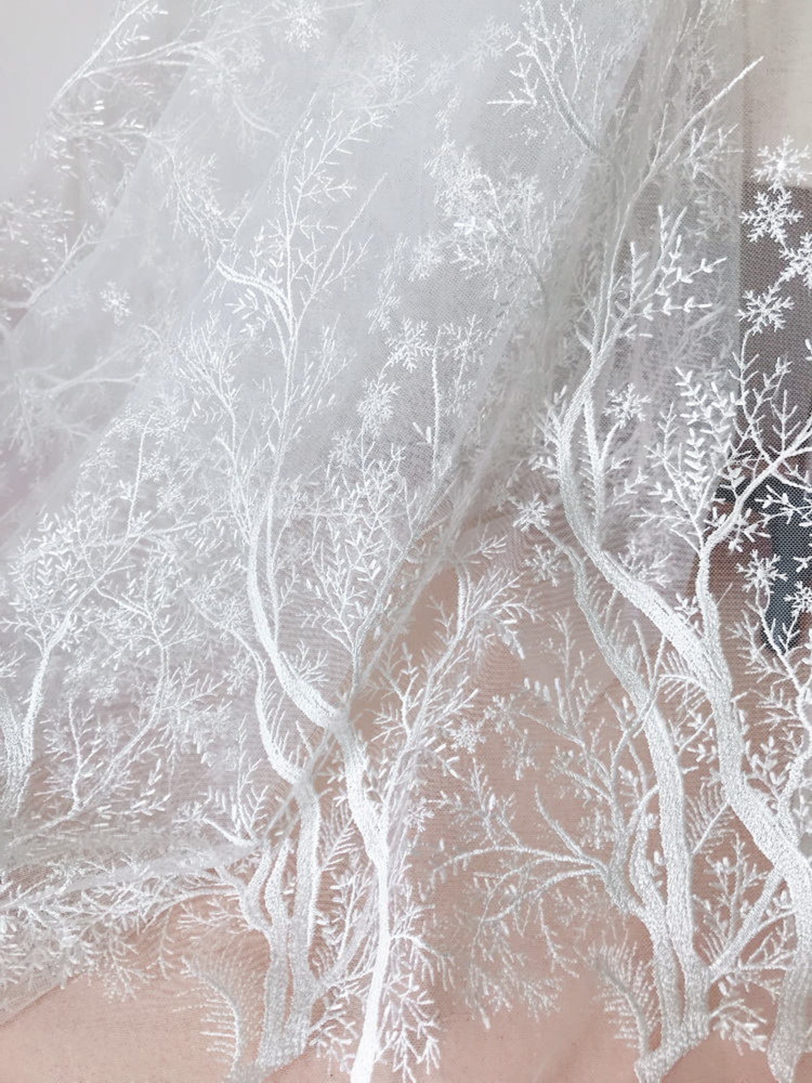 Ivory Embroidery Fabric, Snow Trees Lace, Snowflake Lace Fabric ...