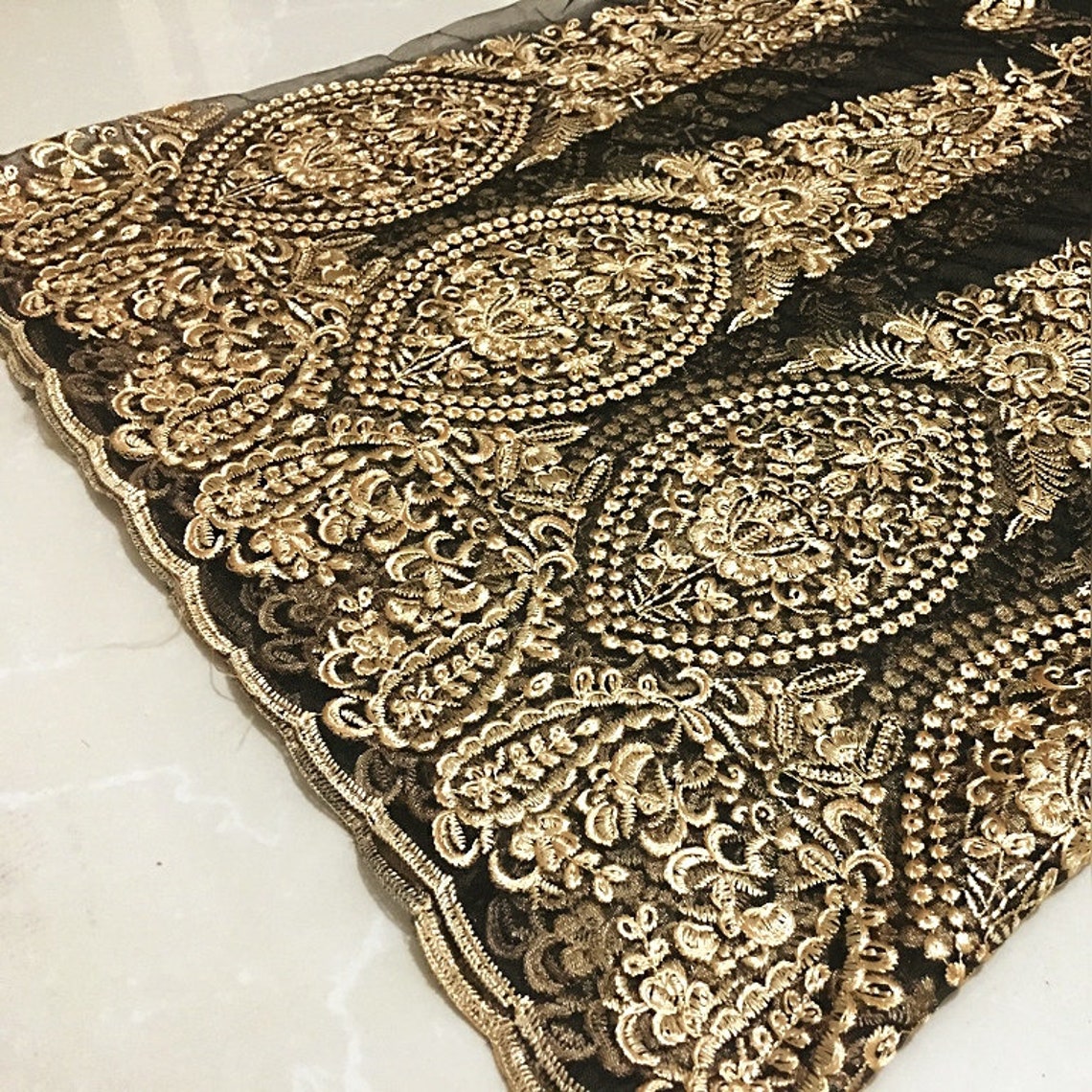 Vintage Gold Embroidered Lace Fabric Retro Floral Black Mesh - Etsy