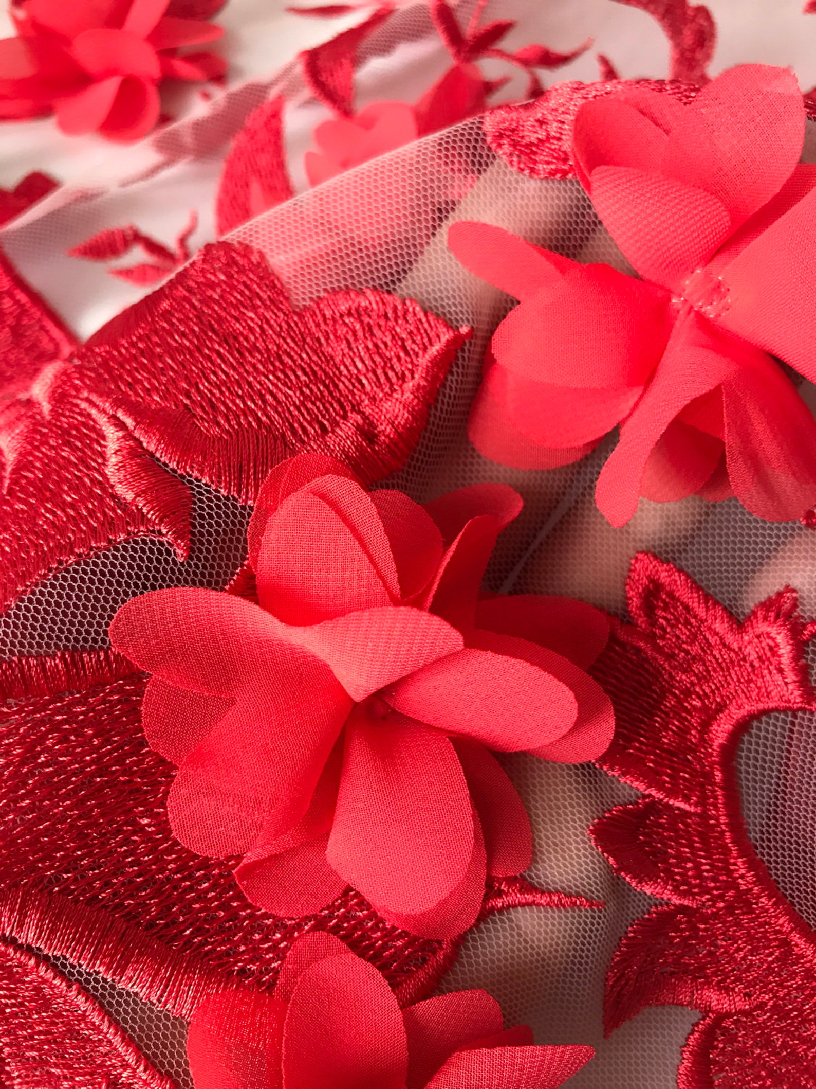 Red Embroidery Lace Fabric With Chiffon 3d Flower on Soft - Etsy