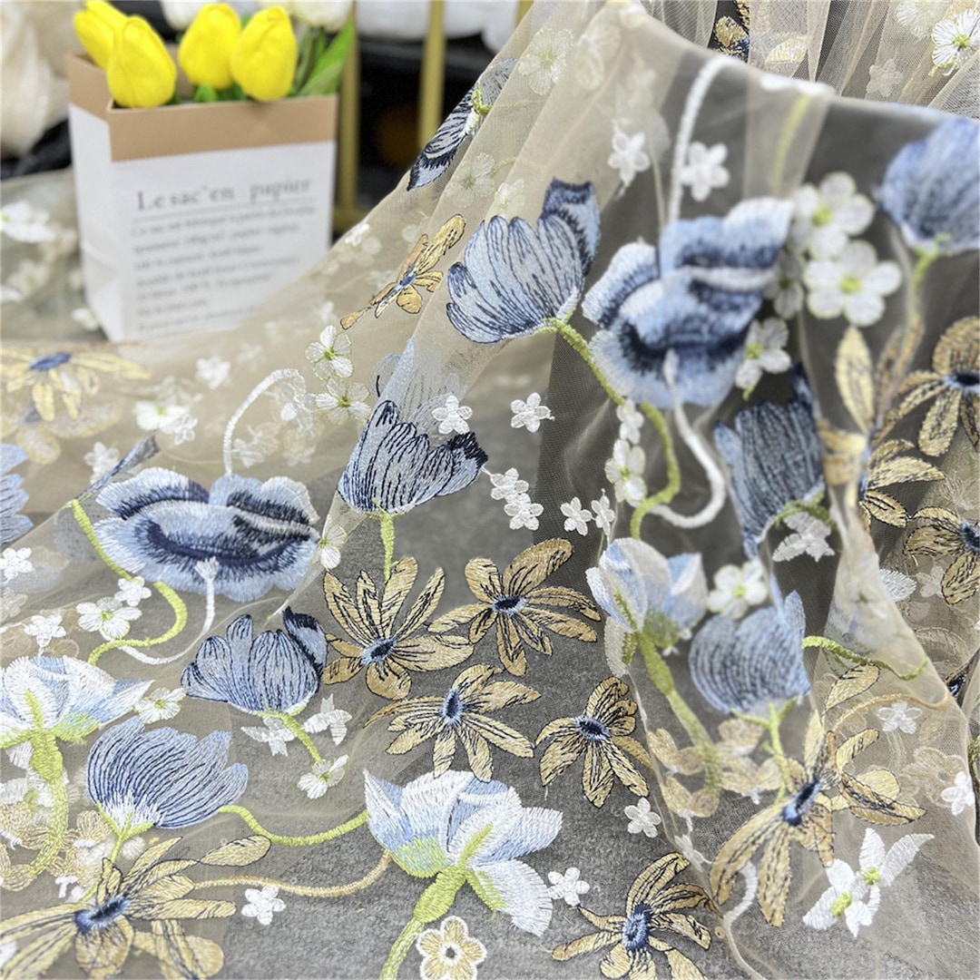 Gorgeous Blue Lotus Flower Lace Fabric Floral Embroidered Soft Tulle ...