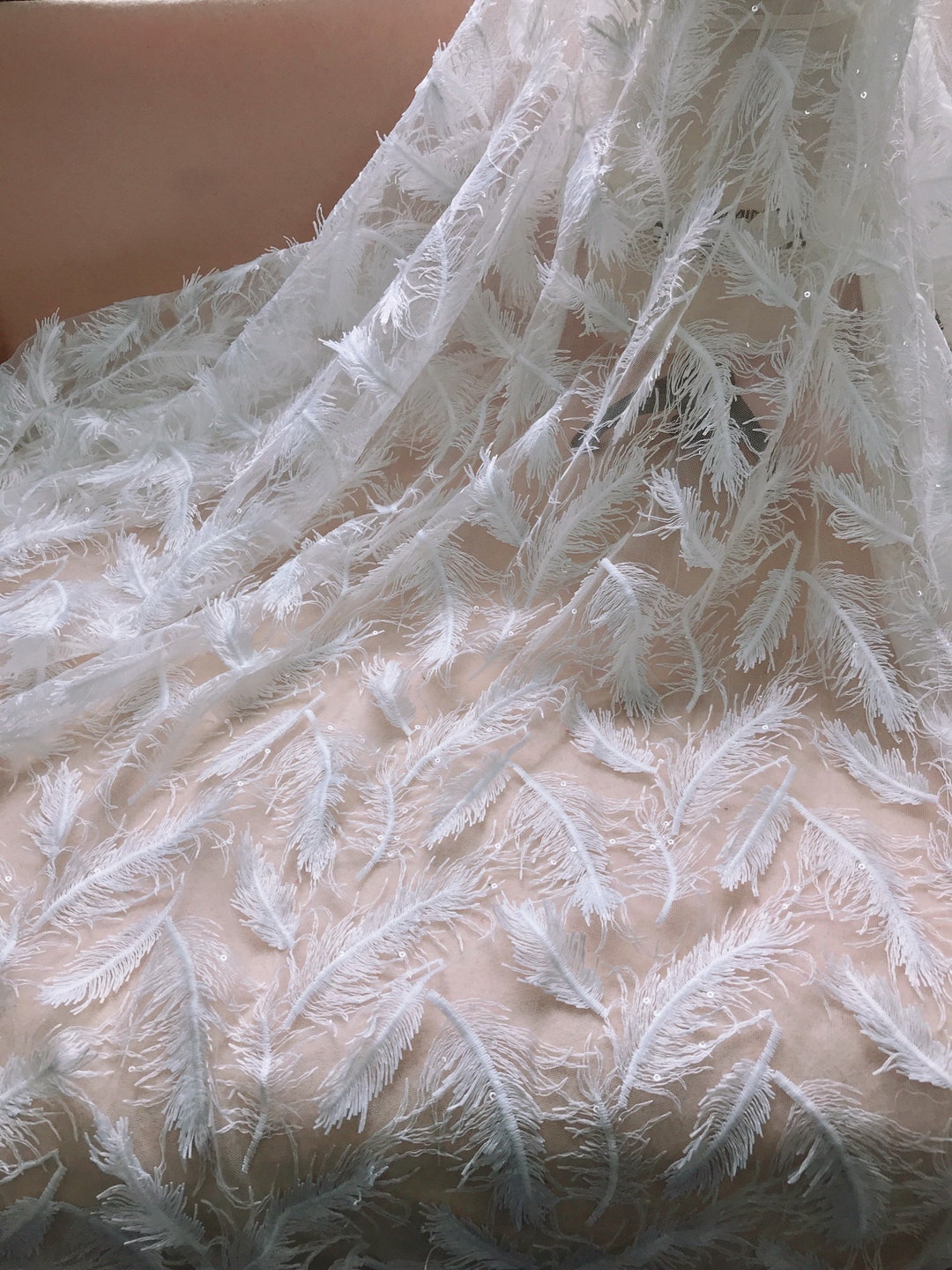 Off White Feathers Lace Fabric With Sequined for Prom Dress, Party ...