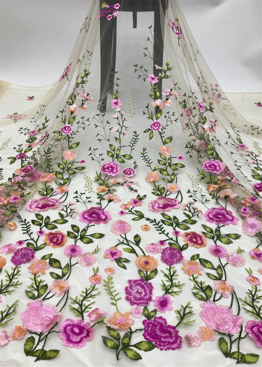 Tela de encaje bordada con flores de colores de calidad, tela de tul ...