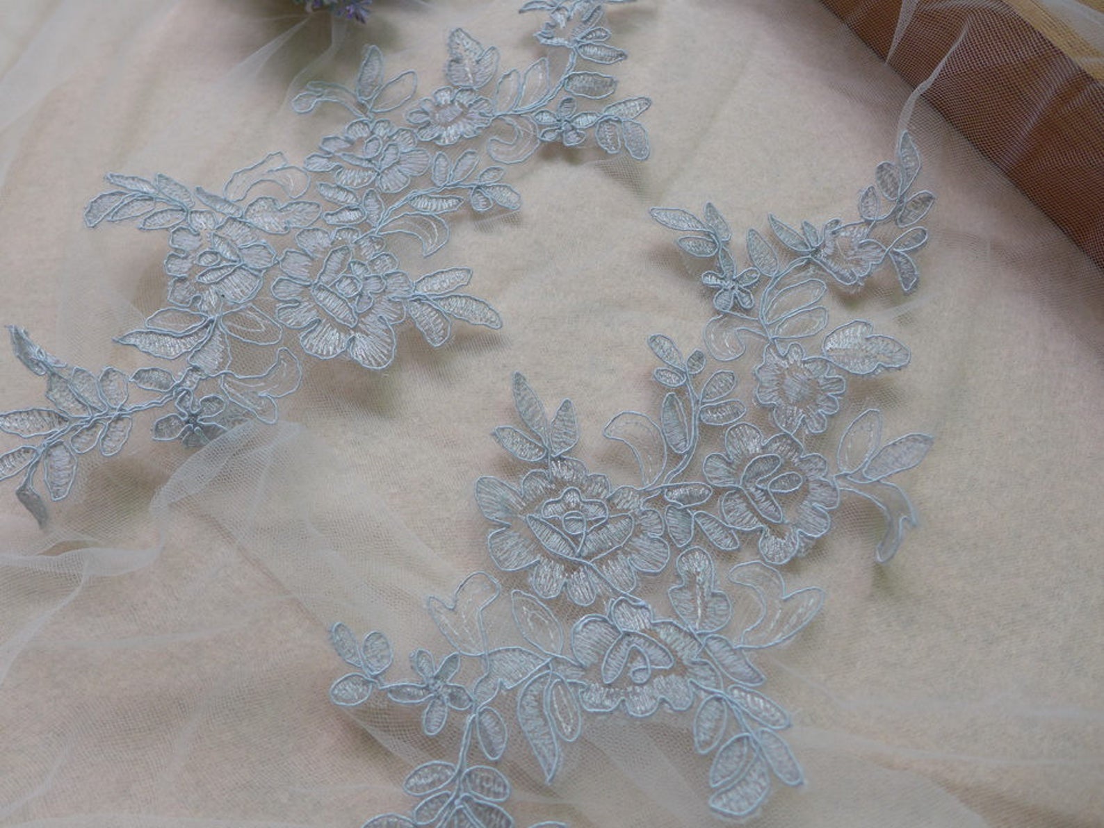 Smoky Gray Embroidery Lace Applique Pair for Sweaters, Bridal, Ballroom ...