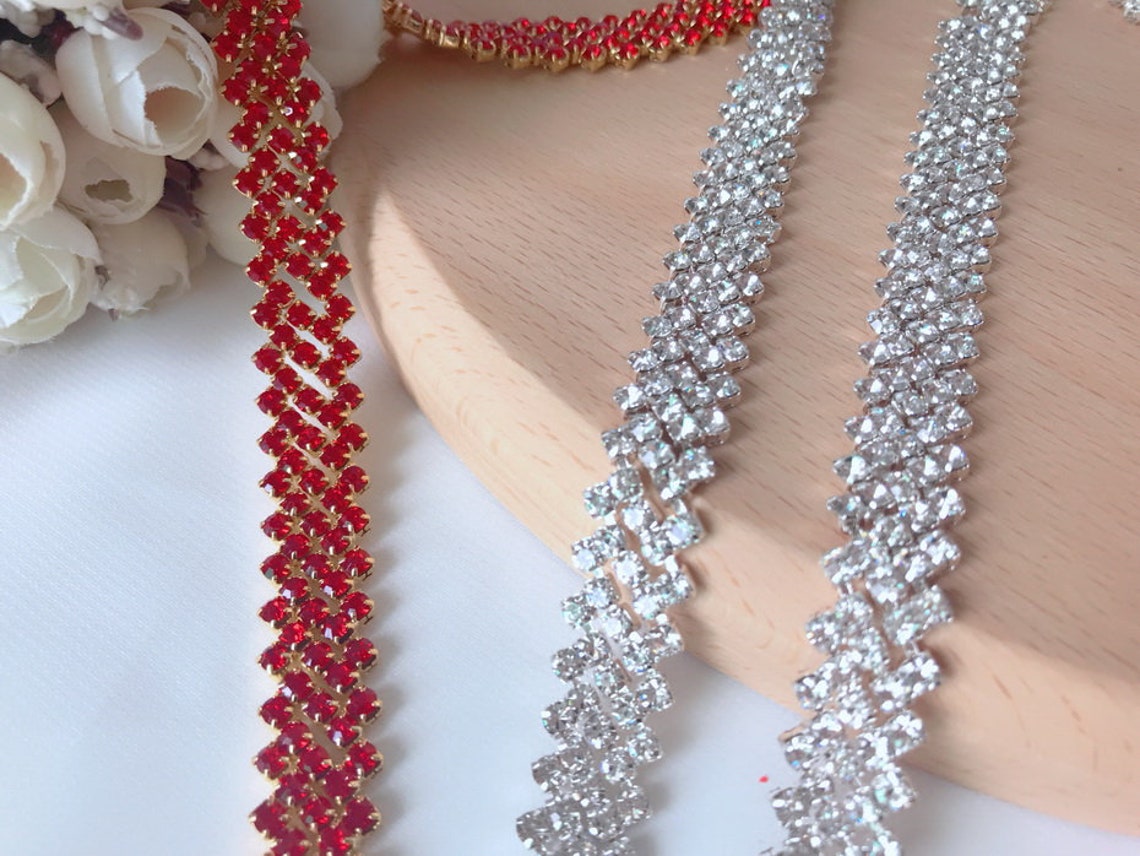 Red / Silver Rhinestone Trim by the Yard Rhinestone Belt | Etsy