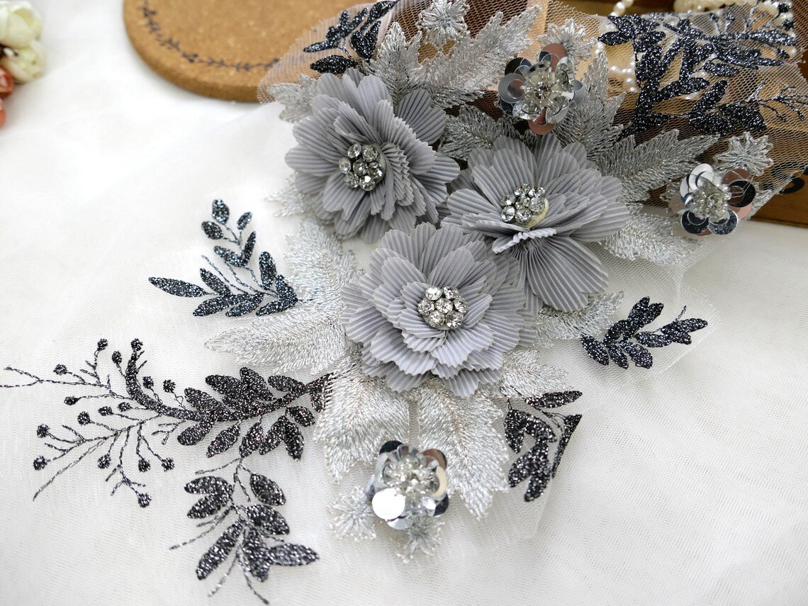 Silver Gray Embroidery Lace Applique Rhinestone 3D Flowers - Etsy