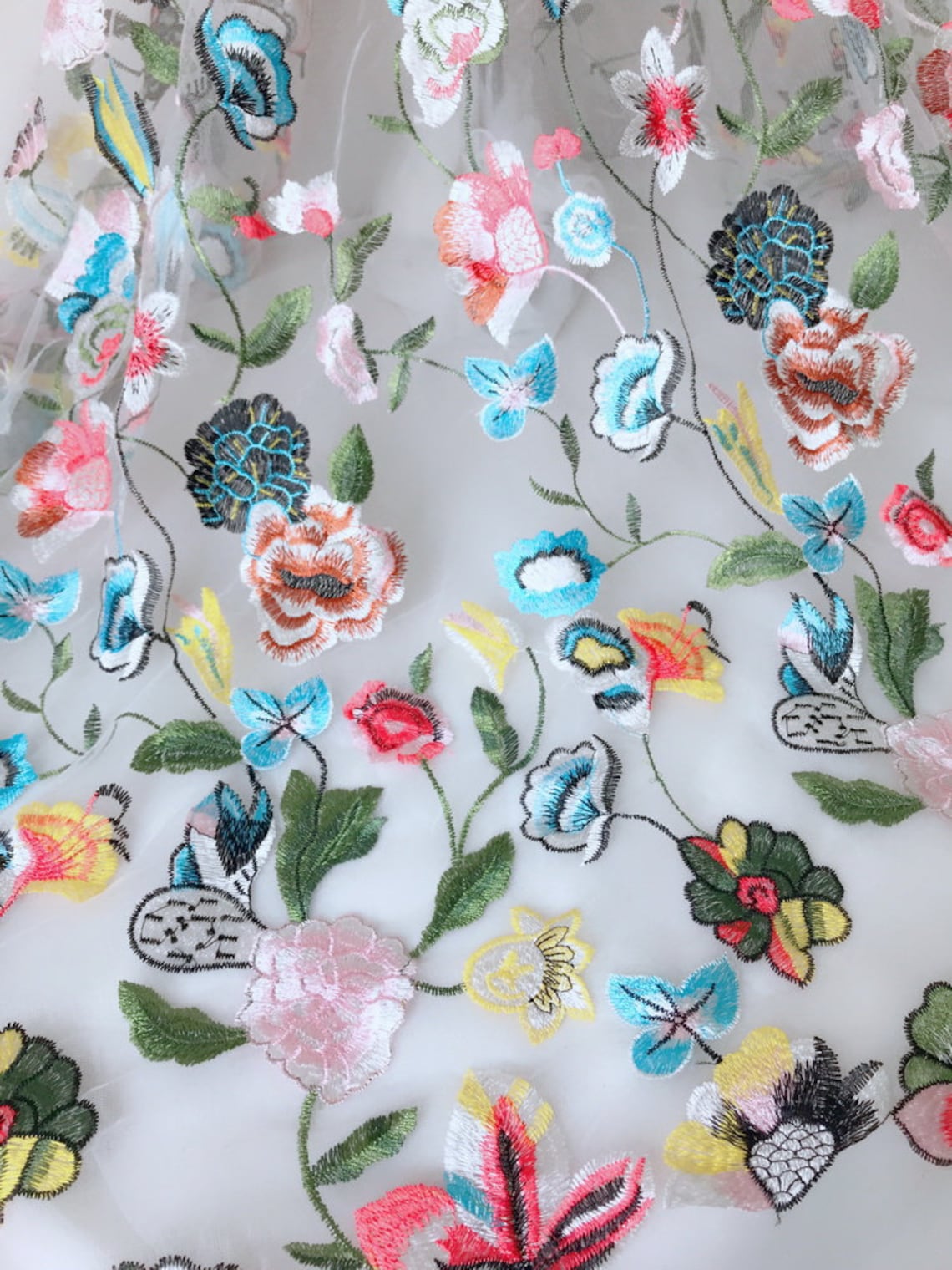 Multi-color Floral Flowers Embroidered Tulle Lace Fabric for - Etsy