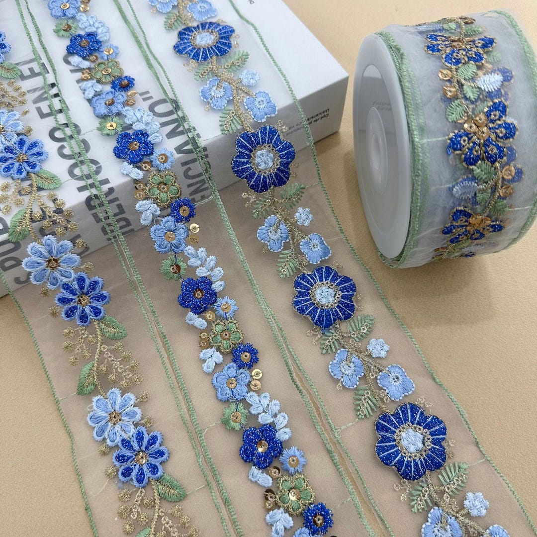Organza Sequin Eembroidered Lace Trim, Blue Flower Trim, Evening Dress ...