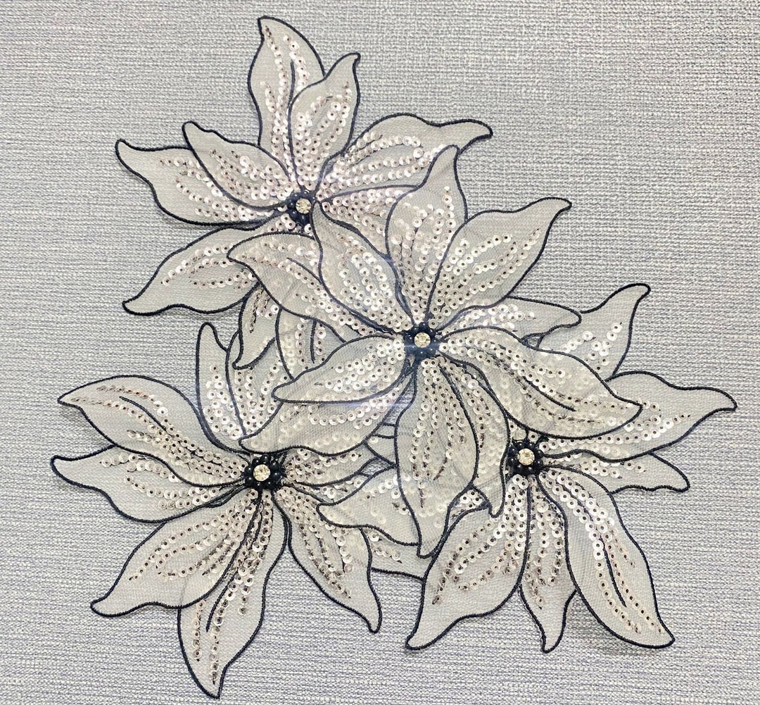 Lily White Flower Applique, Sequins Embroidered Flower Applique, 3D ...
