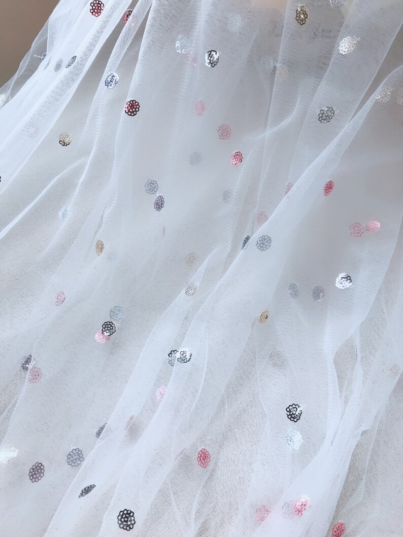 Sequins Dotted Embroidery Fabric, Pink Polka Dot Tulle, Colorful Dots ...