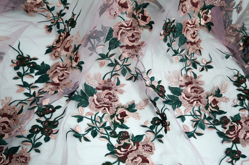 Coral Embroidery Mesh Fabric Colorful Rose Leaves Lace Fabric - Etsy