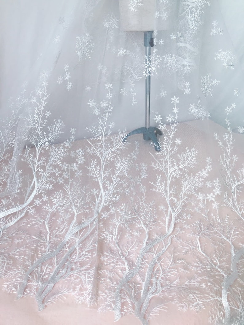 Ivory Embroidery Fabric, Snow Trees Lace, Snowflake Lace Fabric ...