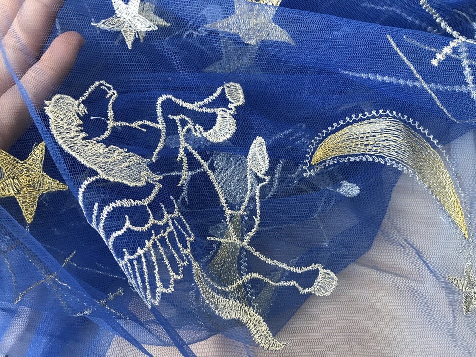 Royal Blue Tulle Fabric, Gold Silver Thread Embroidery Lace Fabric ...