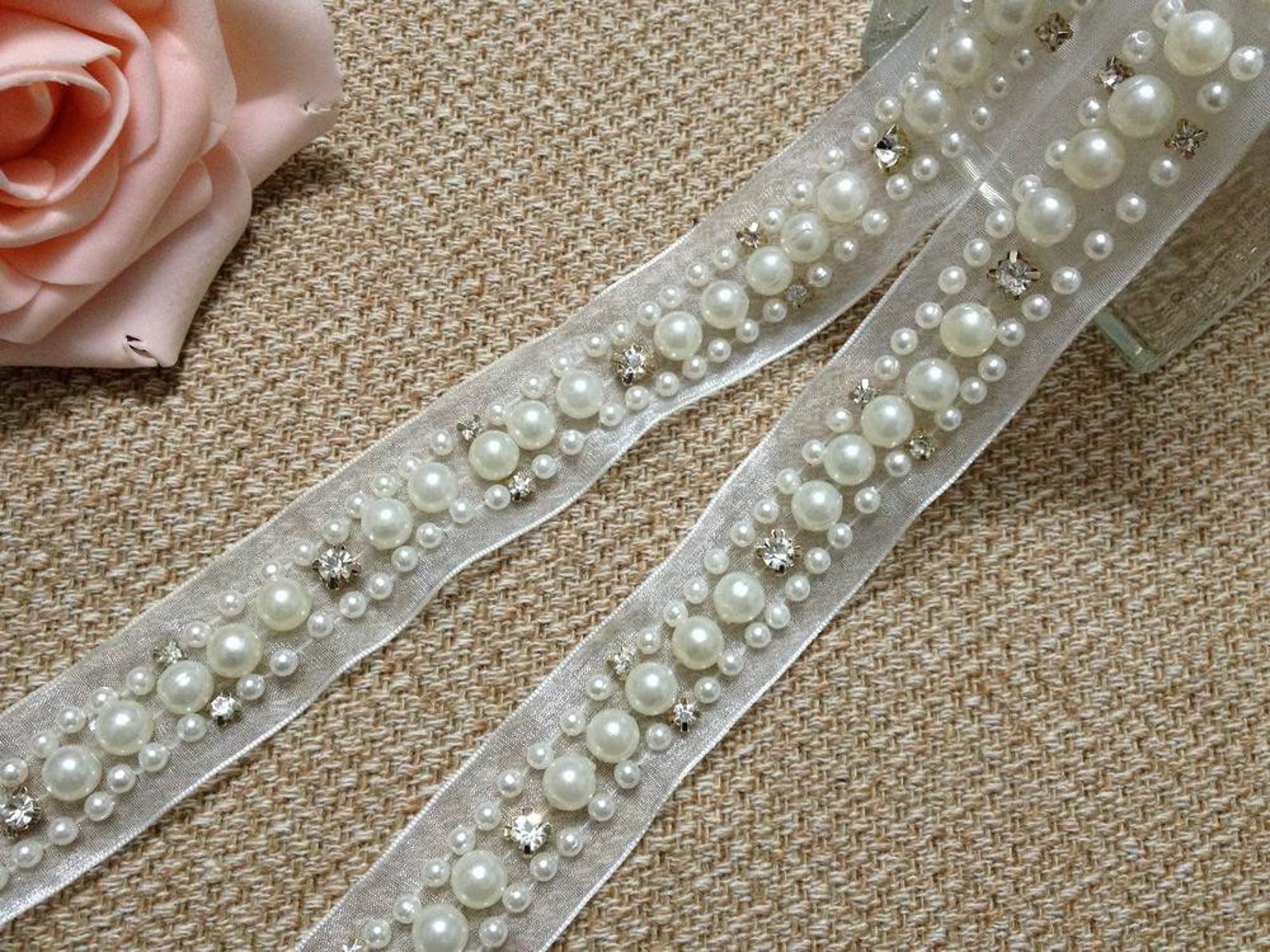 Pearl Beaded Trim Rhinestone Trim Ribbon Lace Trim for - Etsy