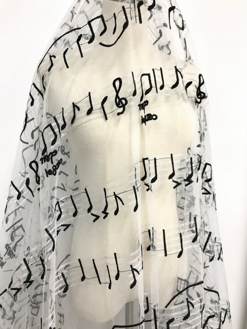 Music Note Fabric, Musical Notes Tulle Fabric, Black Note and off White ...