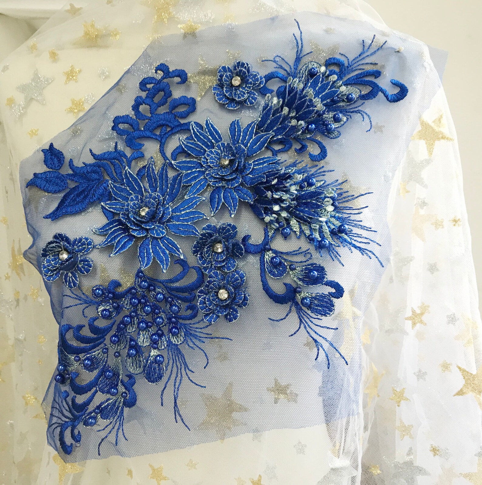 Royal Blue 3d Beaded Flower Lace Applique Pearls Embroidered Etsy