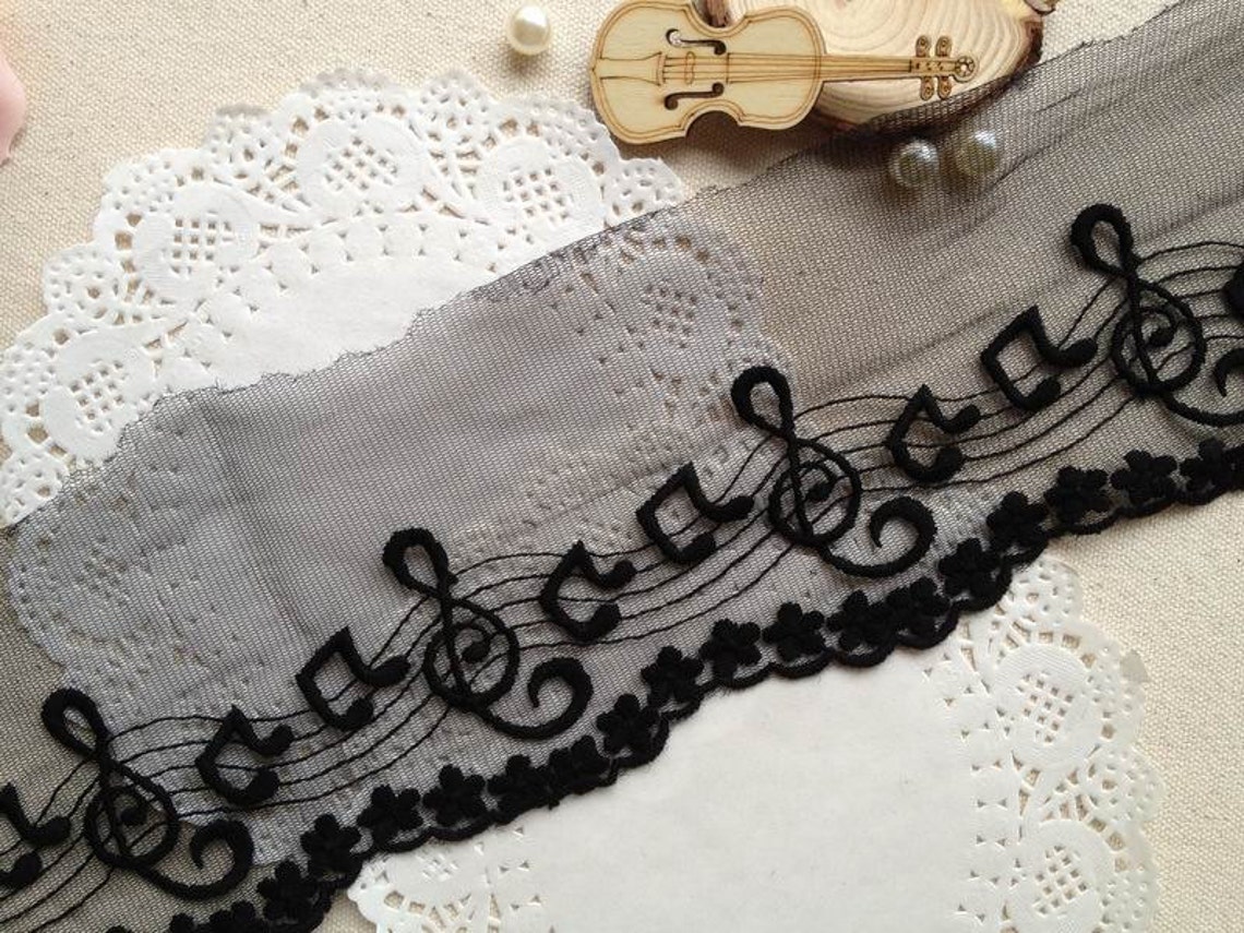Tulle trim Black musical notes lace Embroidered Lace Fabric | Etsy