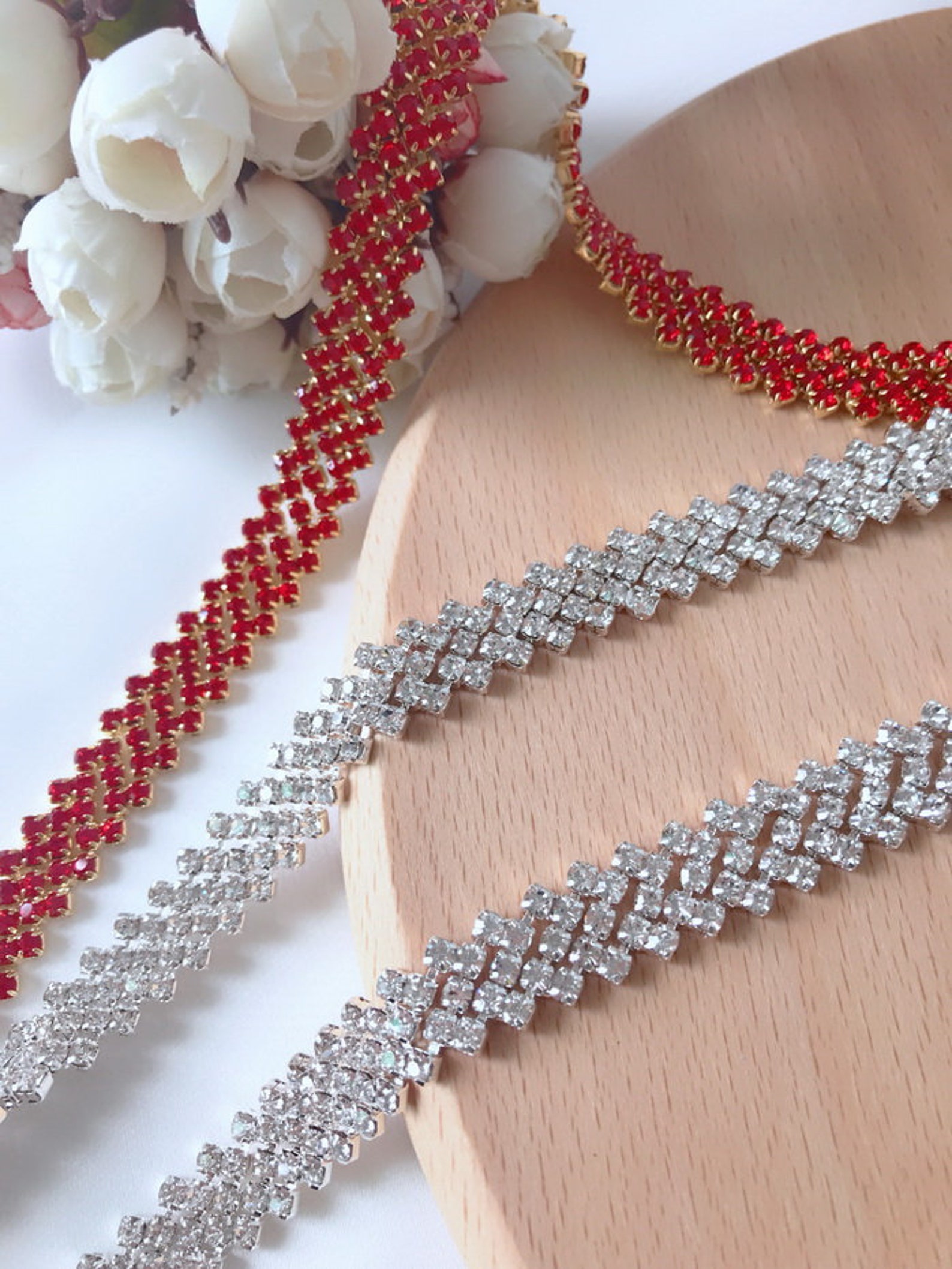 Red / Silver Rhinestone Trim by the Yard Rhinestone Belt | Etsy