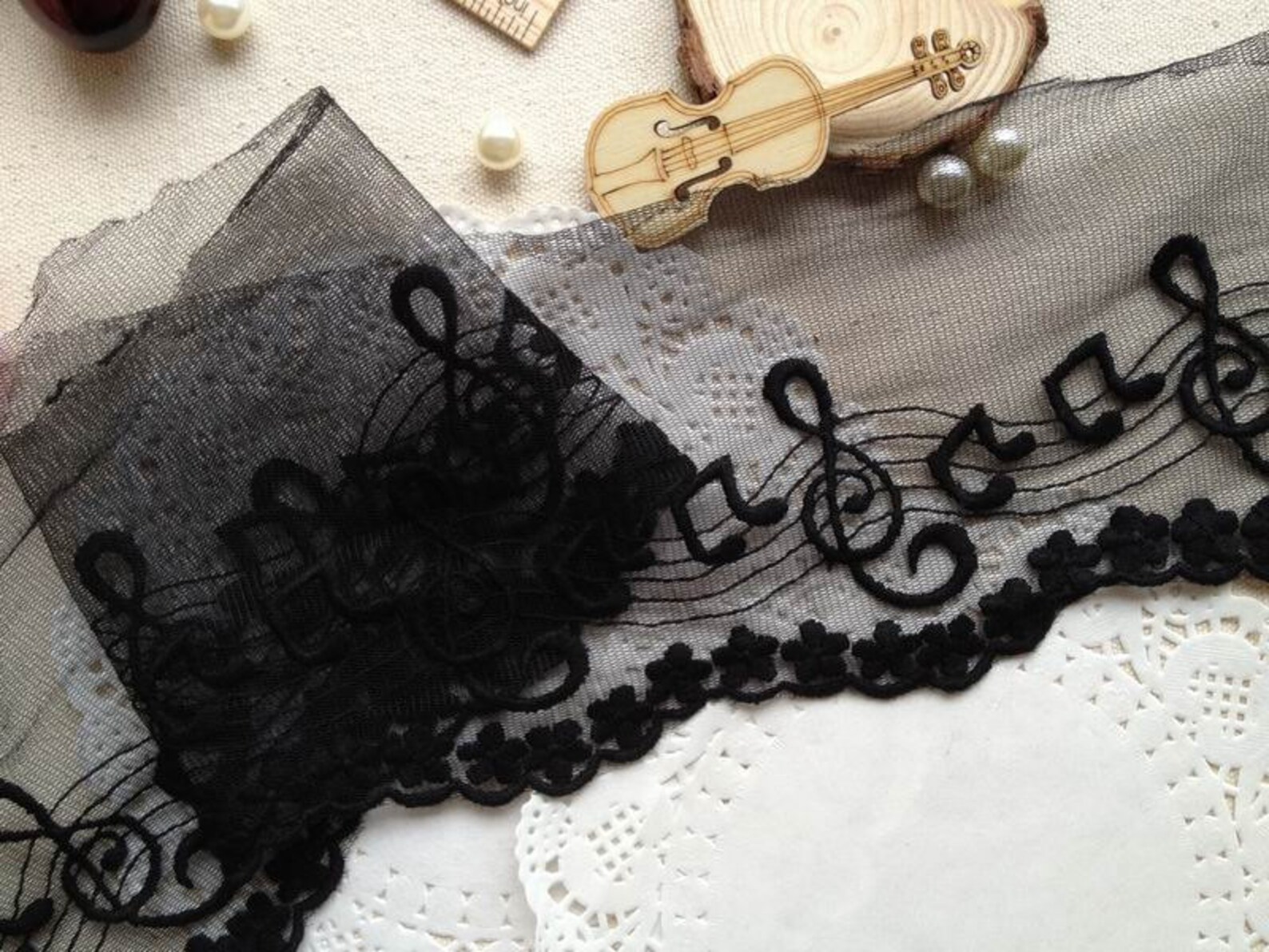 Tulle trim Black musical notes lace Embroidered Lace Fabric | Etsy