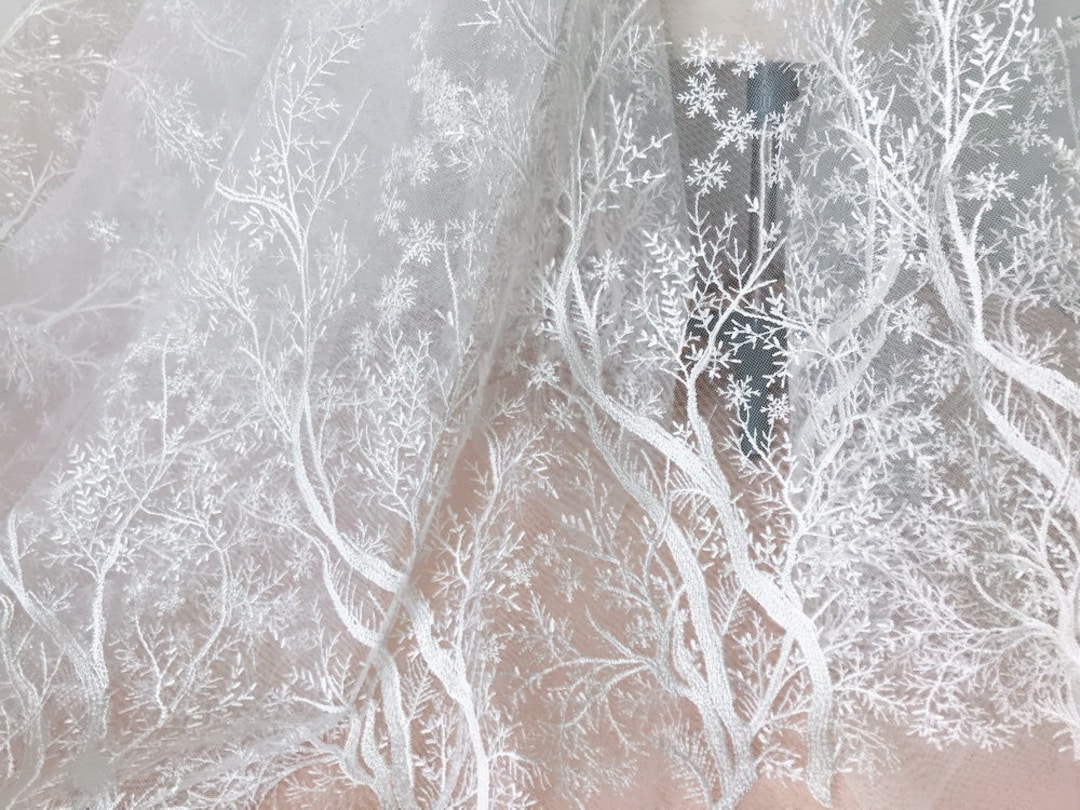 Ivory Embroidery Fabric, Snow Trees Lace, Snowflake Lace Fabric ...