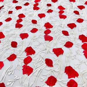 Rose Fabric, Red Rose Flower With Light Gold Leaves Embroidery Fabric ...