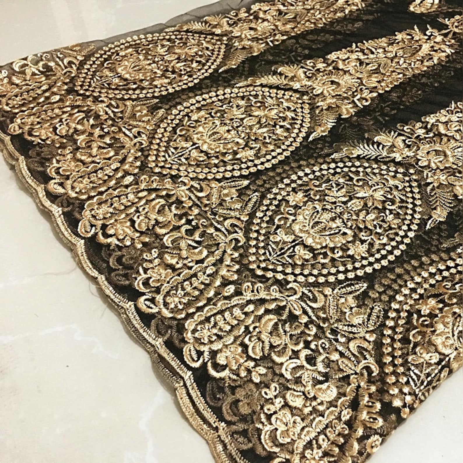 Vintage Gold Embroidered Lace Fabric Retro Floral Black Mesh - Etsy