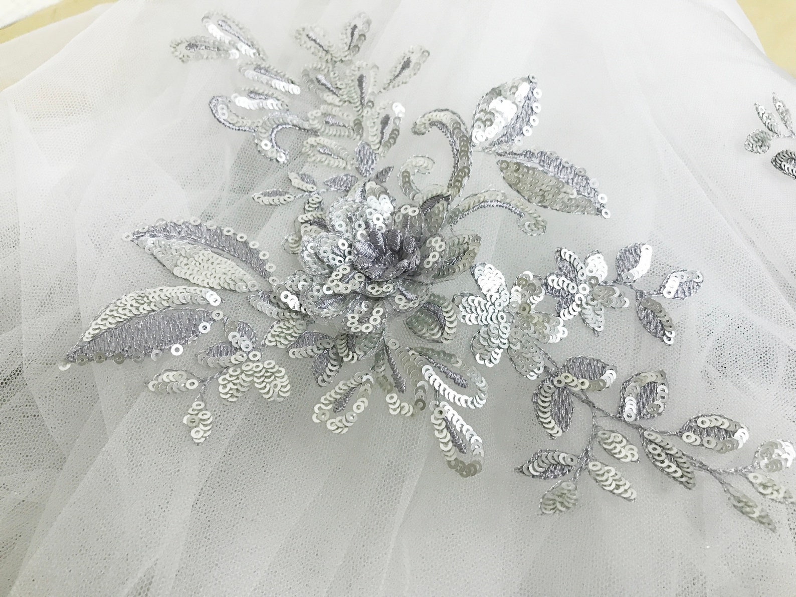 Wedding Lace Applique, Silver Gray Lace Applique With Silver Sequins ...