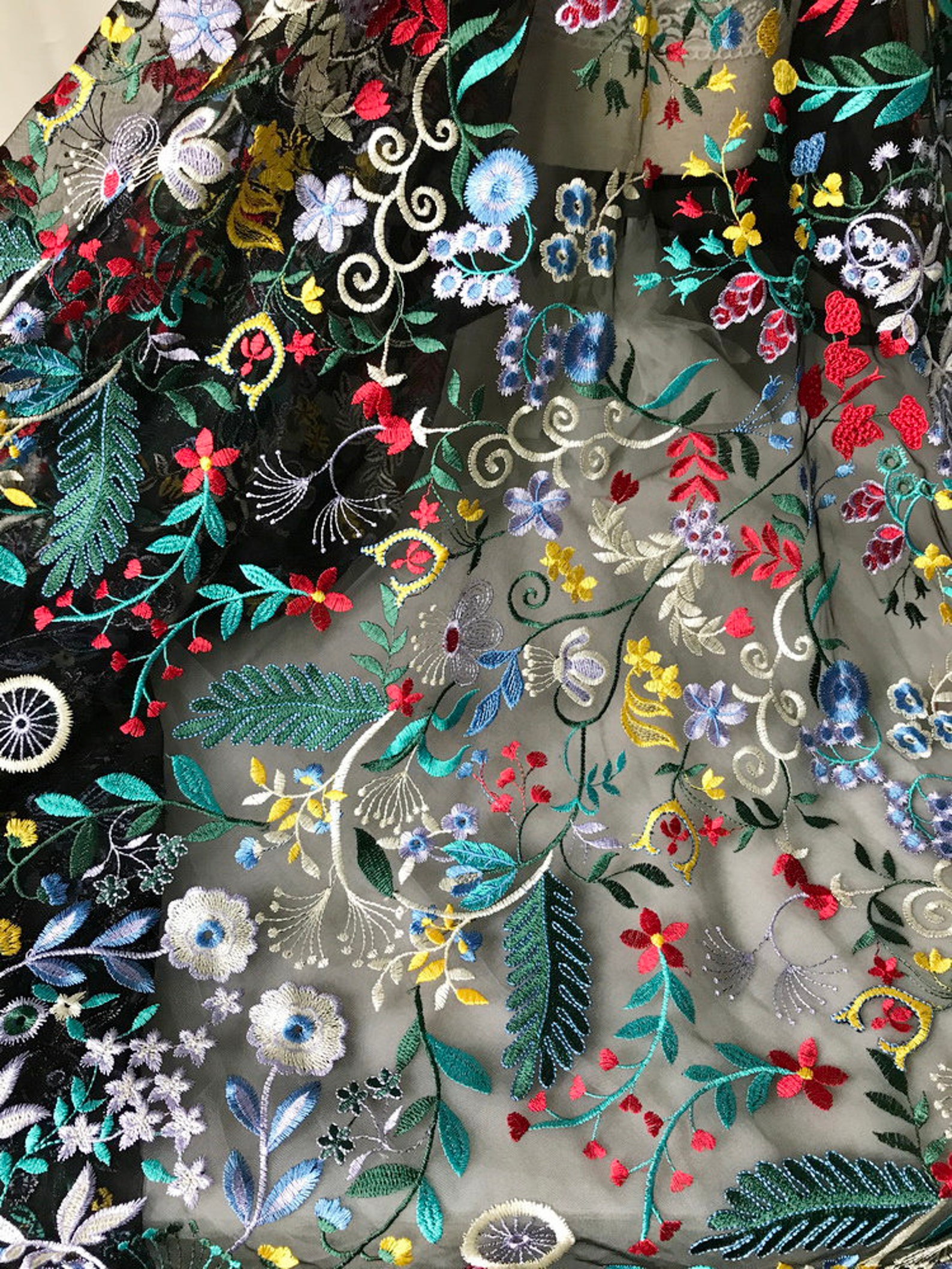 Multicolor Lace Fabric Black Mesh Lace Vivid Floral Leaf | Etsy