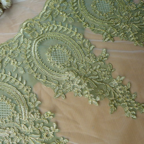 Green Mesh Lace Gold Embroidered Lace Trim for Appliqué | Etsy